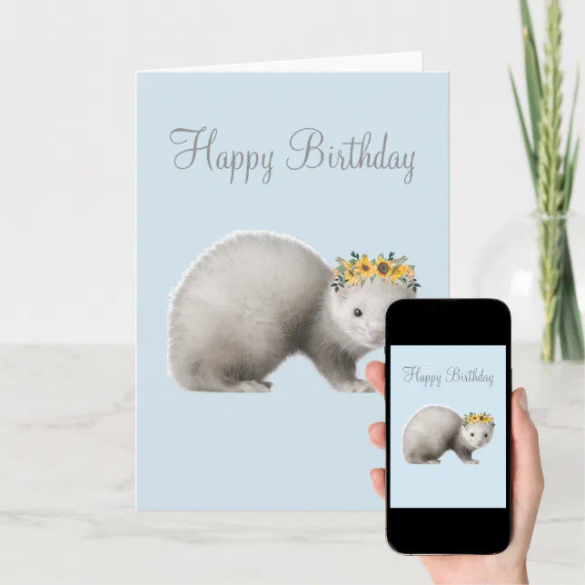 Happy Birthday Cute Ferret Sunflower Crown Card | Zazzle