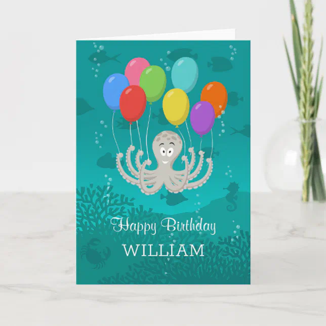Happy Birthday Cute Funny Octopus Cartoon Balloons Card | Zazzle
