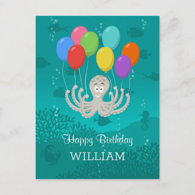 Happy Birthday Cute Funny Octopus Cartoon Balloons Postcard | Zazzle