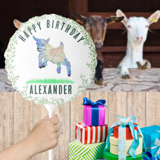 Happy Birthday Cute Goat Farm Animal Art add Name Balloon | Zazzle