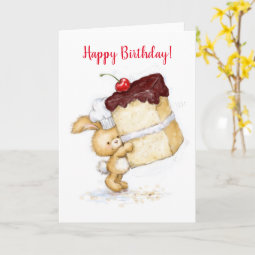 Happy Birthday, Cute Rabbit Holding a Huge Cake. Card | Zazzle