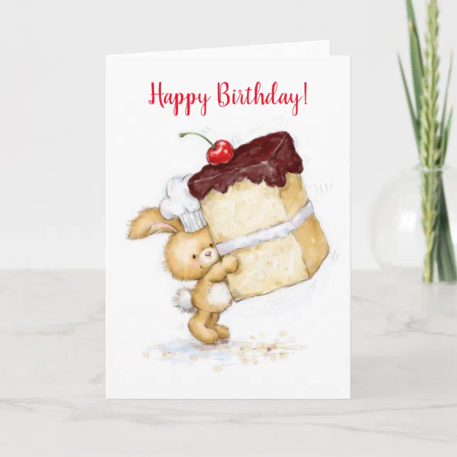 Happy Birthday, Cute Rabbit Holding a Huge Cake. Card | Zazzle