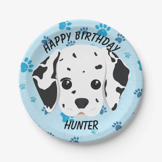Happy Birthday Dalmatian Puppy Blue Paw Print Paper Plates | Zazzle