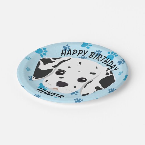 Happy Birthday Dalmatian Puppy Blue Paw Print Paper Plates | Zazzle