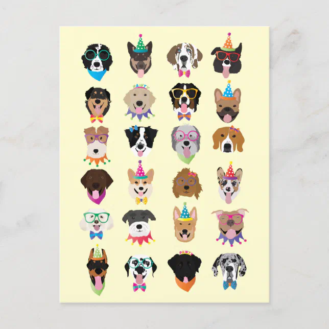 Happy Birthday Dog Faces Pawty Animals Holiday Postcard | Zazzle