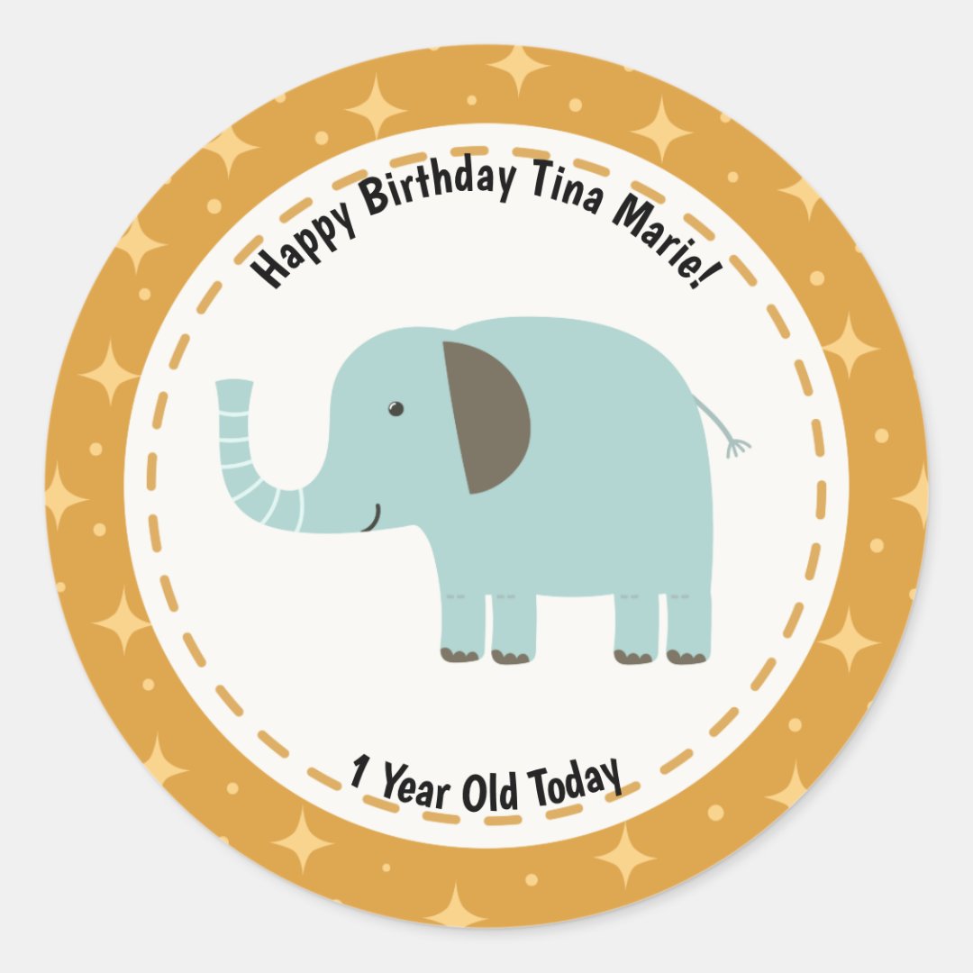 Happy Birthday Elephant Zoo Animals Classic Round Sticker | Zazzle