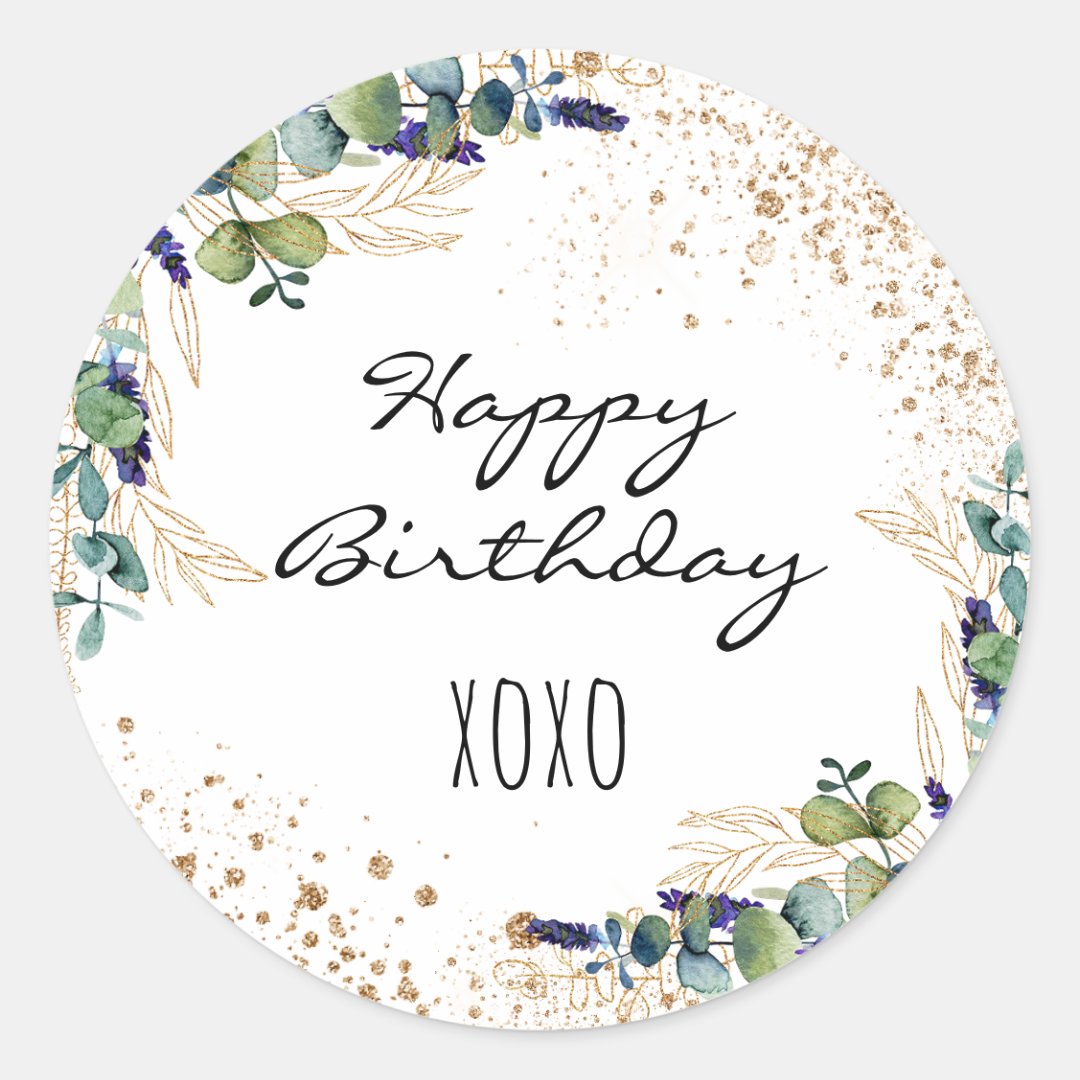 Happy Birthday eucalyptus greenery glitter hugs Classic Round Sticker ...