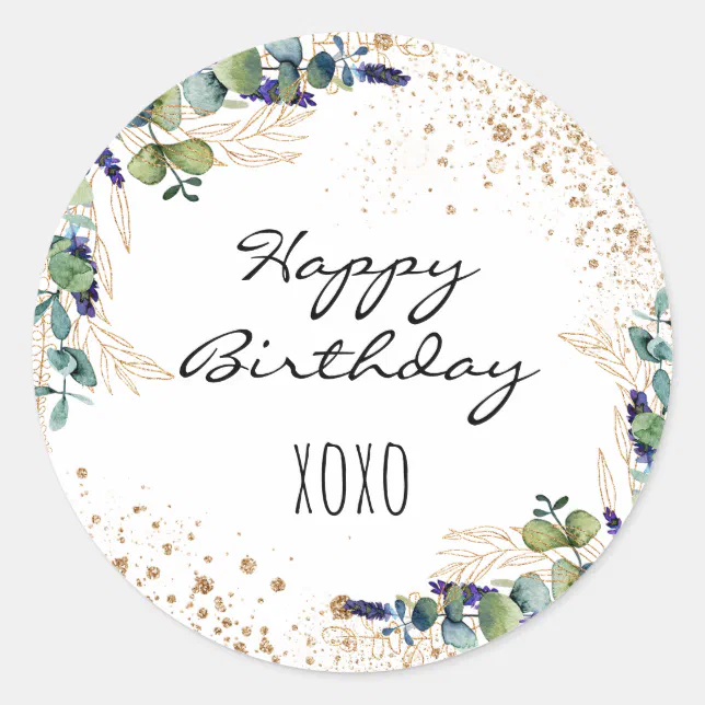 Happy Birthday eucalyptus greenery glitter hugs Classic Round Sticker ...