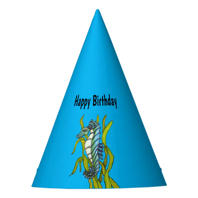 Happy Birthday Fantasy Seahorse Seaweed Blue Party Hat | Zazzle