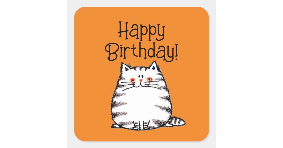 Happy Birthday! (fat cat) Square Sticker | Zazzle