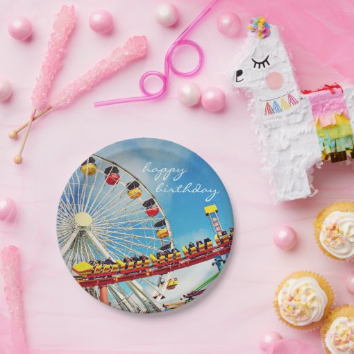 Happy Birthday Ferris Wheel Roller Coaster Photo Paper Plates | Zazzle