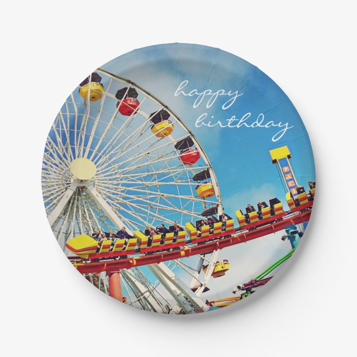 Happy Birthday Ferris Wheel Roller Coaster Photo Paper Plates | Zazzle