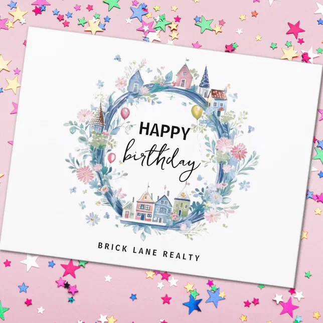 Happy Birthday Floral House Wreath Real Estate Postcard | Zazzle