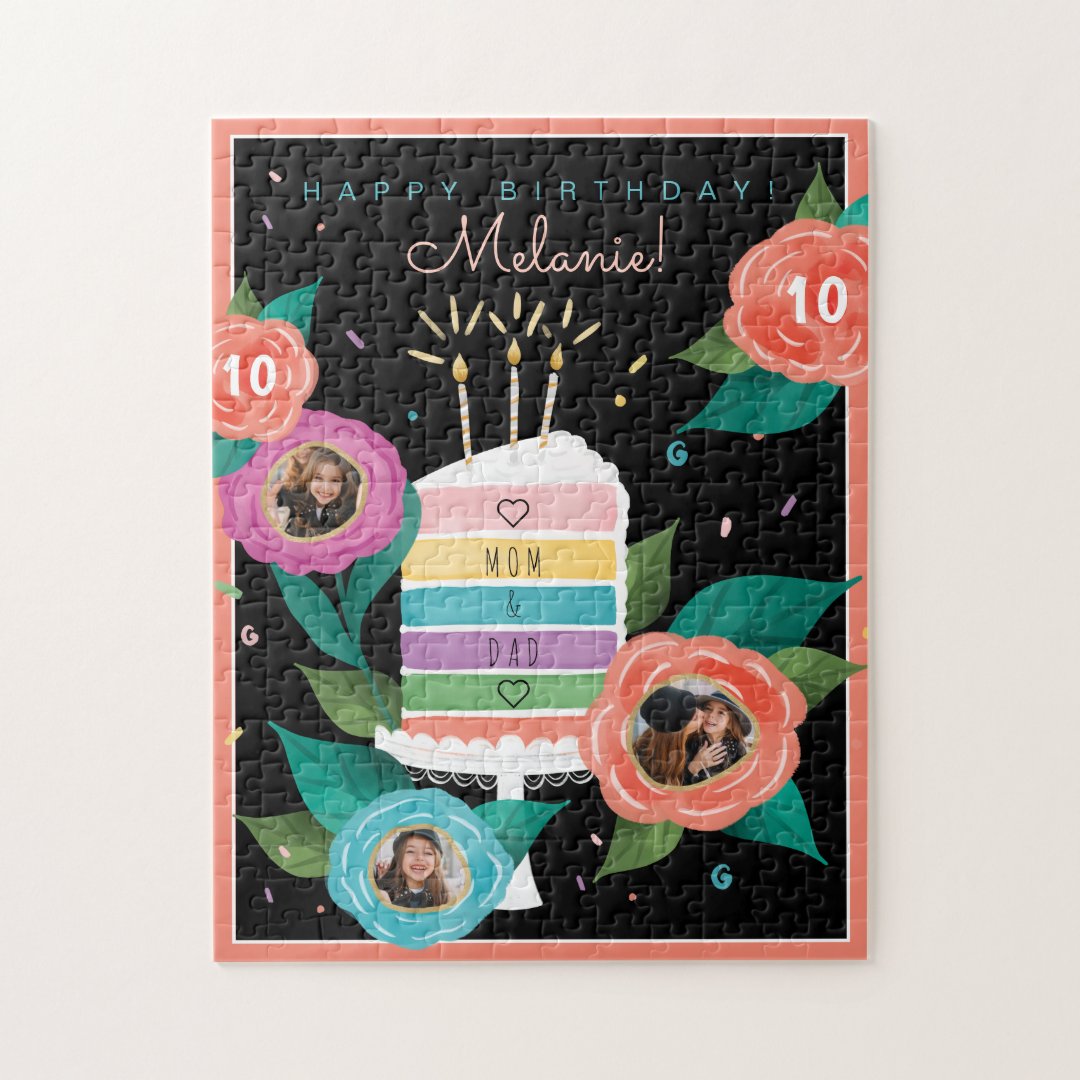 Happy Birthday Floral Rainbow Cake Slice & Photo Jigsaw Puzzle | Zazzle