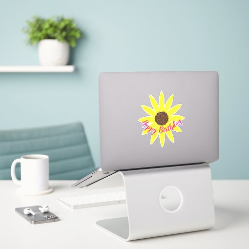 Happy Birthday Floral Sunflower Curved Text Unique Sticker | Zazzle