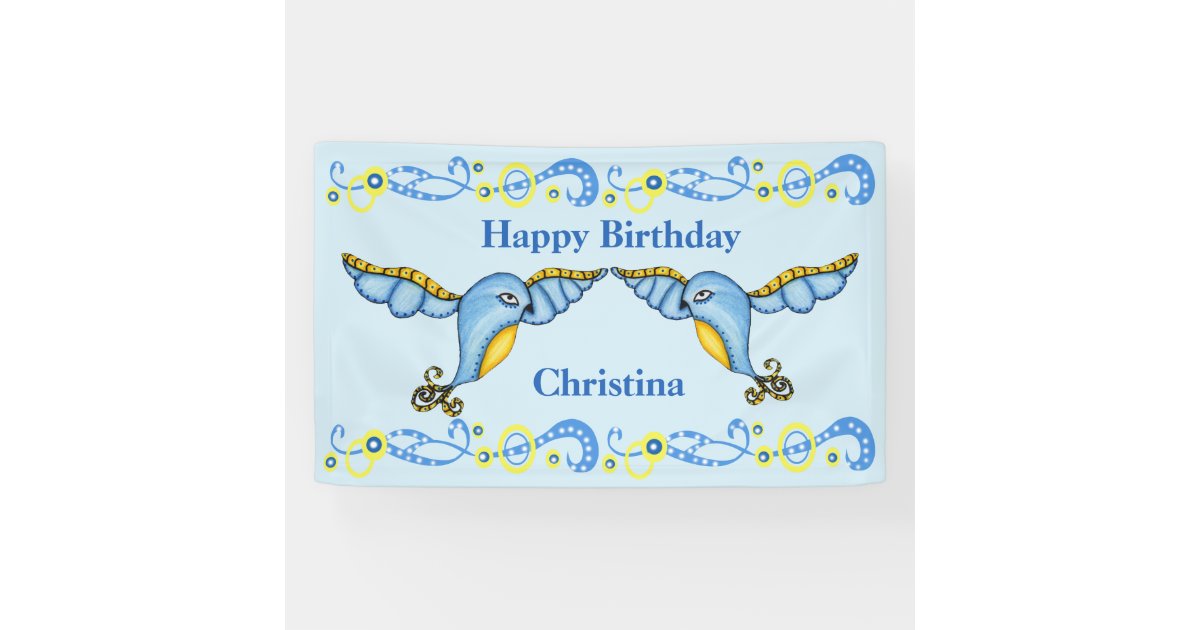 Happy Birthday Flying Fantasy Ornate Bluebirds Banner | Zazzle