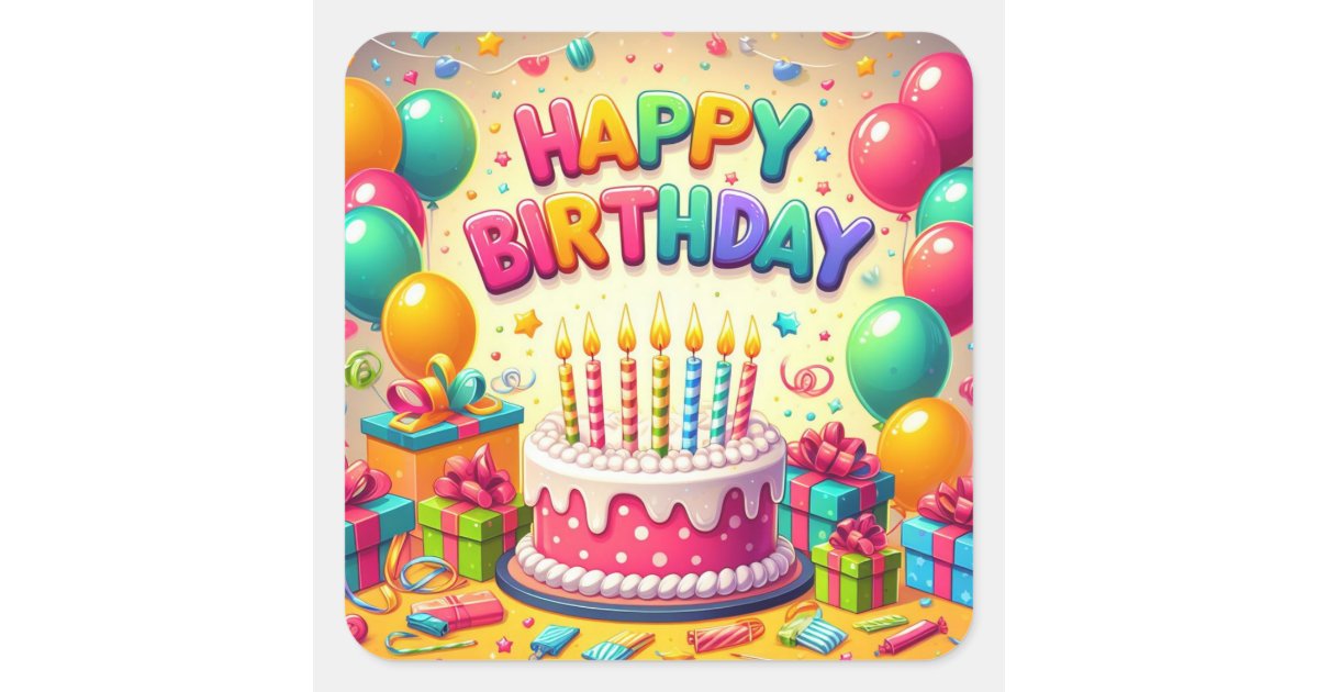 Happy Birthday for Kids - Colorful Balloons Cake Square Sticker | Zazzle