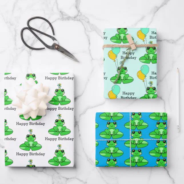 Happy Birthday Frog with Balloons Wrapping Paper Sheets | Zazzle