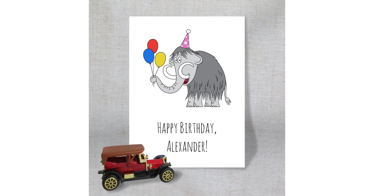 Happy Birthday Funny Cute Mammoth Hat Balloons Postcard | Zazzle