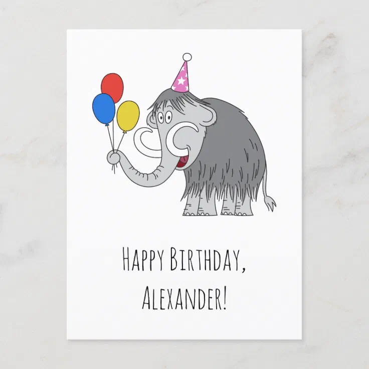 Happy Birthday Funny Cute Mammoth Hat Balloons Postcard | Zazzle