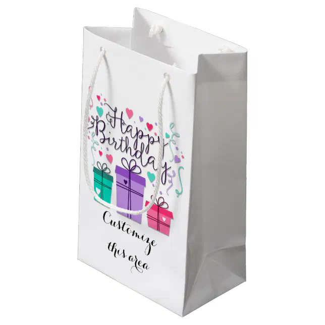 Happy Birthday Gift Boxes on White Customize Small Gift Bag | Zazzle