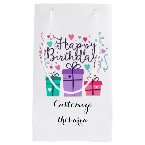 Happy Birthday Gift Boxes on White Customize Small Gift Bag | Zazzle