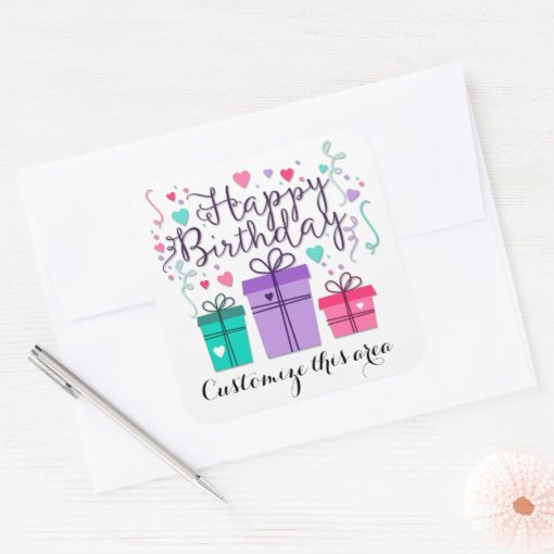 Happy Birthday Gift Boxes on White Customize Square Sticker | Zazzle