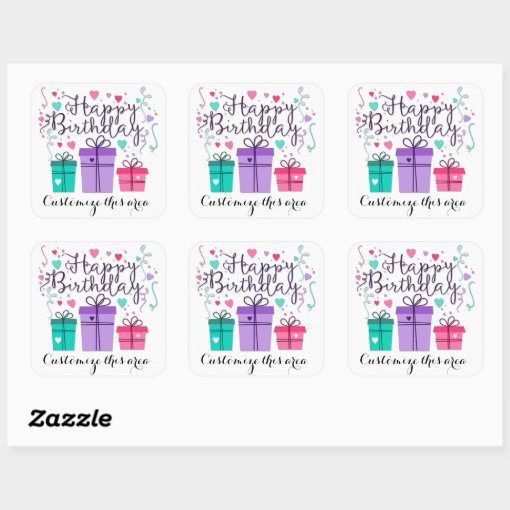 Happy Birthday Gift Boxes on White Customize Square Sticker | Zazzle