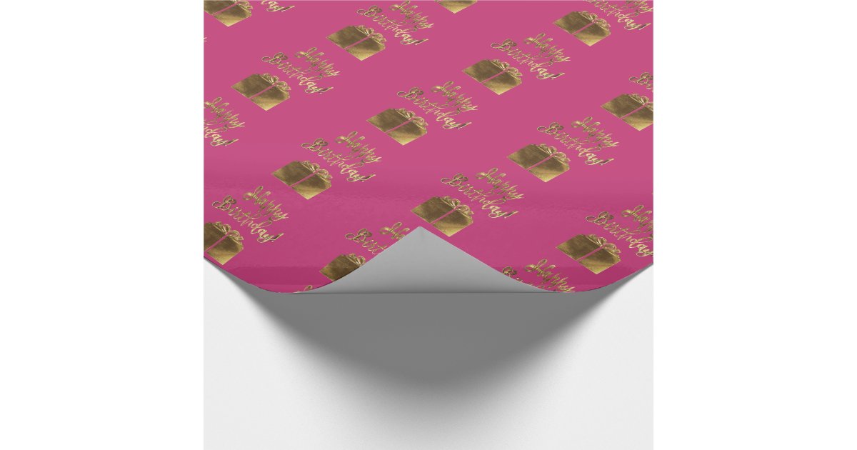 Happy Birthday Gift Pattern Pink Gold Typography Wrapping Paper | Zazzle