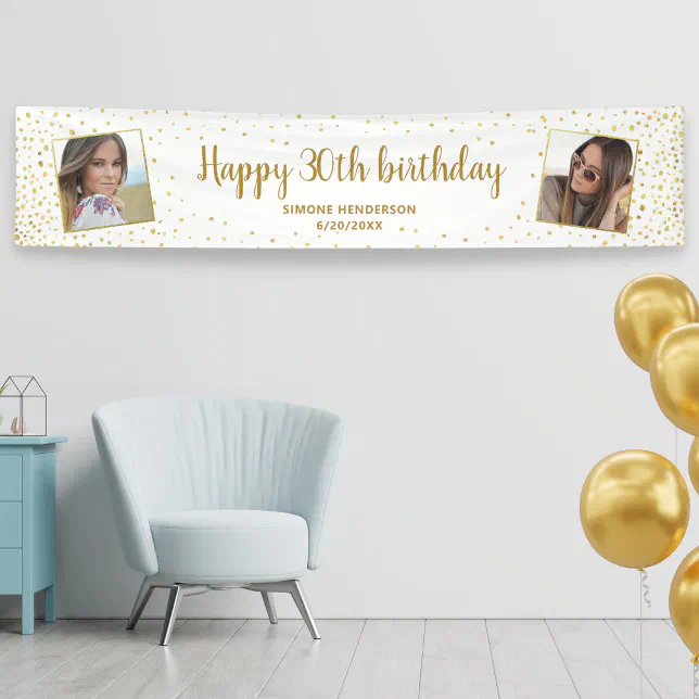 Happy Birthday Glitter 2 Photos Any Age Extra Long Banner | Zazzle