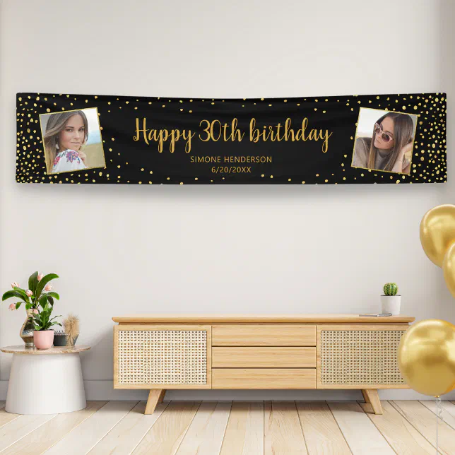 Happy Birthday Glitter 2 Photos Any Age Extra Long Banner | Zazzle