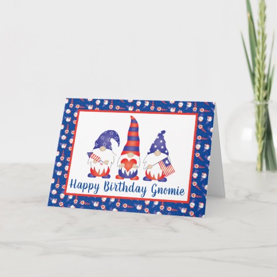 Happy Birthday Gnomie Red White Blue Card | Zazzle.com