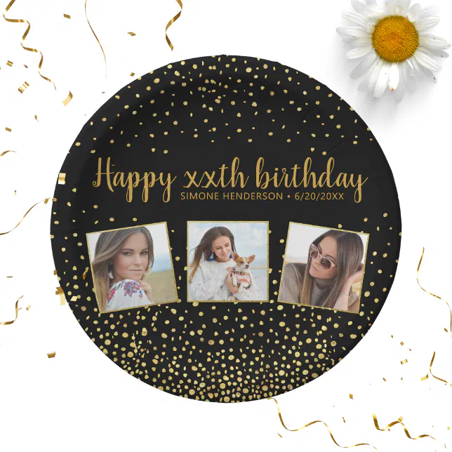 Happy Birthday Gold Glitter Photos Any Year Custom Paper Plates | Zazzle