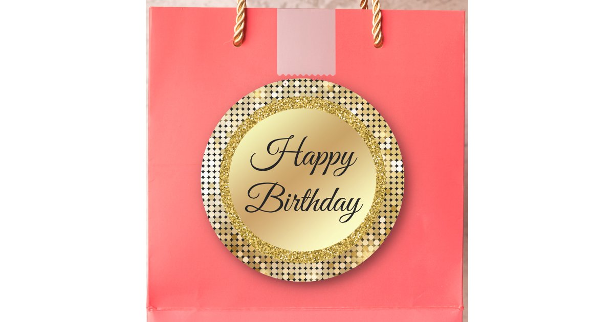 happy birthday gold glitters lights retro disco classic round sticker ...