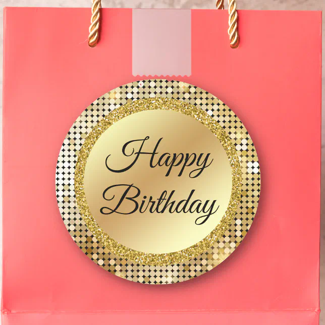 happy birthday gold glitters lights retro disco classic round sticker ...