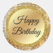 happy birthday gold glitters lights retro disco classic round sticker ...