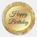happy birthday gold glitters lights retro disco classic round sticker ...