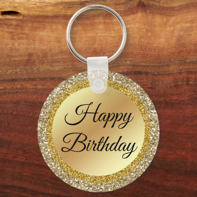 happy birthday gold metallic glitters keychain | Zazzle