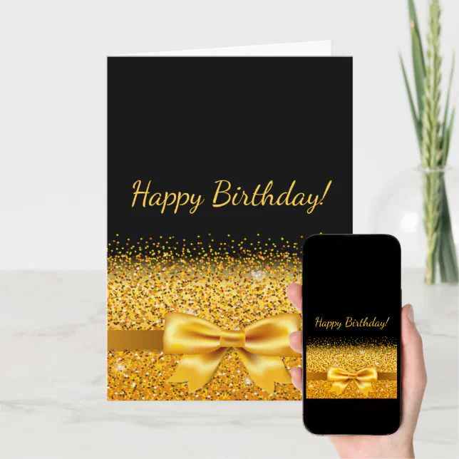 Happy Birthday golden bow with sparkle on black Card | Zazzle