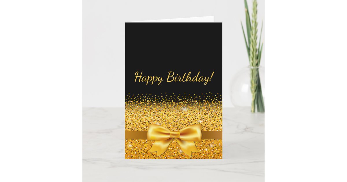 Happy Birthday golden bow with sparkle on black Card | Zazzle