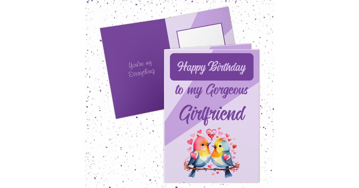 Happy birthday gorgeous girlfriend birds purple card | Zazzle
