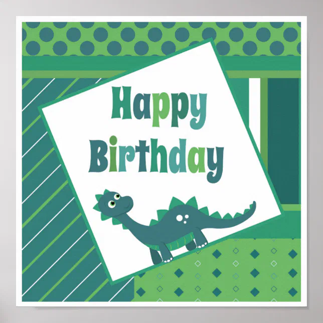 Happy birthday green/ blue dinosaur poster. poster | Zazzle