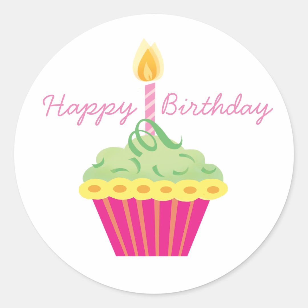 Happy Birthday Green Yellow and Pink Cupcake Classic Round Sticker | Zazzle
