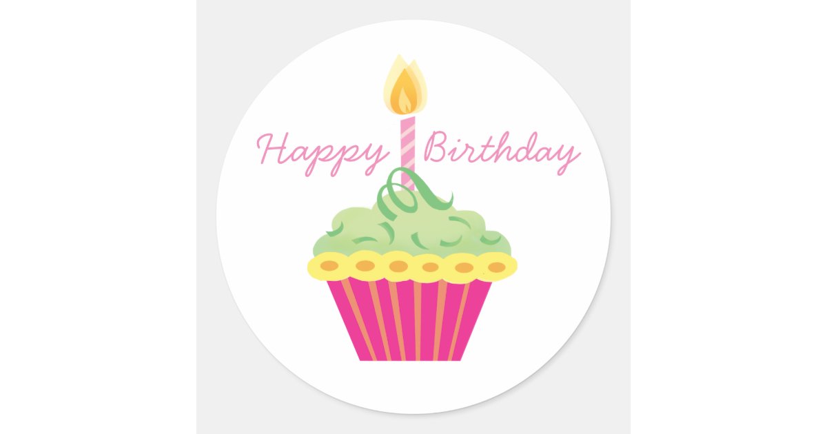 Happy Birthday Green Yellow and Pink Cupcake Classic Round Sticker | Zazzle