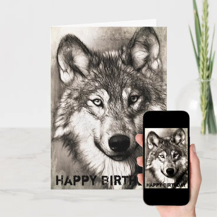 Happy Birthday Hand Drawn Wolf Card | Zazzle
