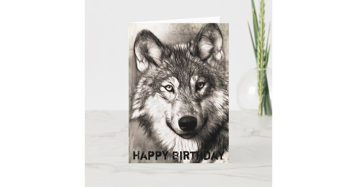 Happy Birthday Hand Drawn Wolf Card | Zazzle
