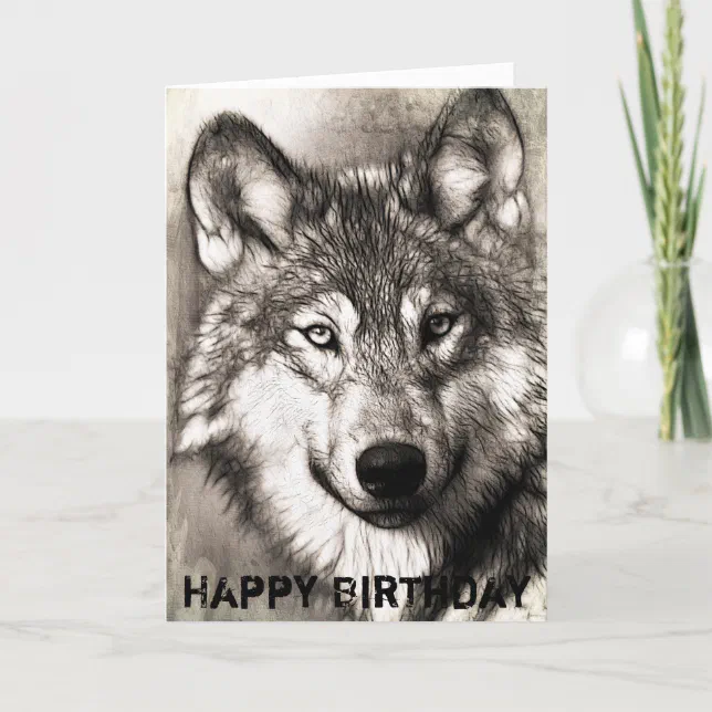 Happy Birthday Hand Drawn Wolf Card | Zazzle