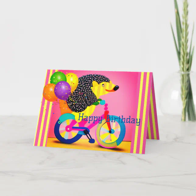 Happy Birthday Hedgehog Riding Bicycle Balloons Thank You Card | Zazzle