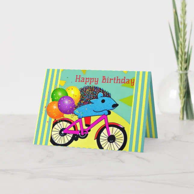Happy Birthday Hedgehog Riding Bicycle Balloons Thank You Card | Zazzle