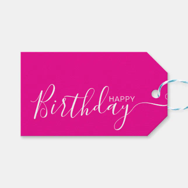 Happy Birthday Hot Pink White Modern Gift Tags | Zazzle